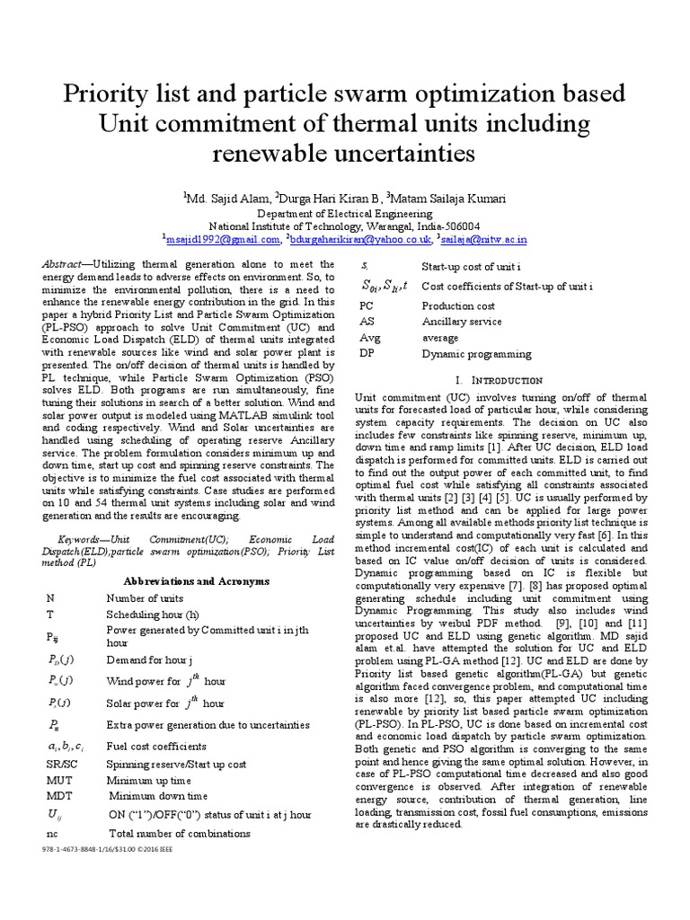 Priority List And Particle Swarm Optimization Based Unit Commitment Of Thermal Units Including