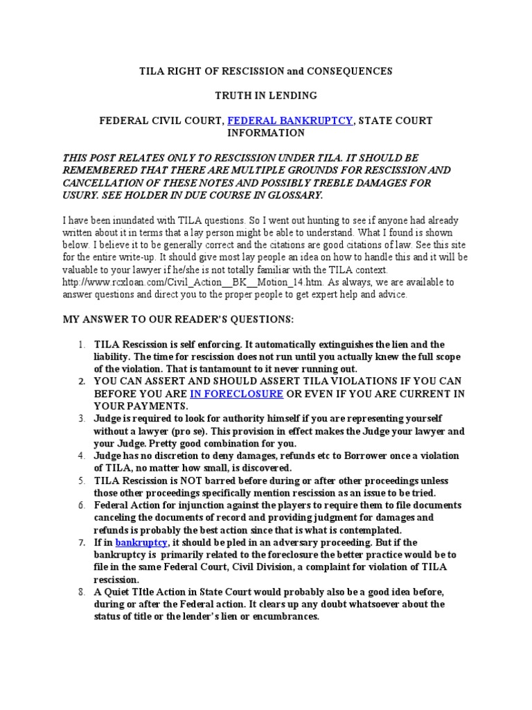 Tila Right of Rescission and Consequences | PDF | Truth In Lending Act ...