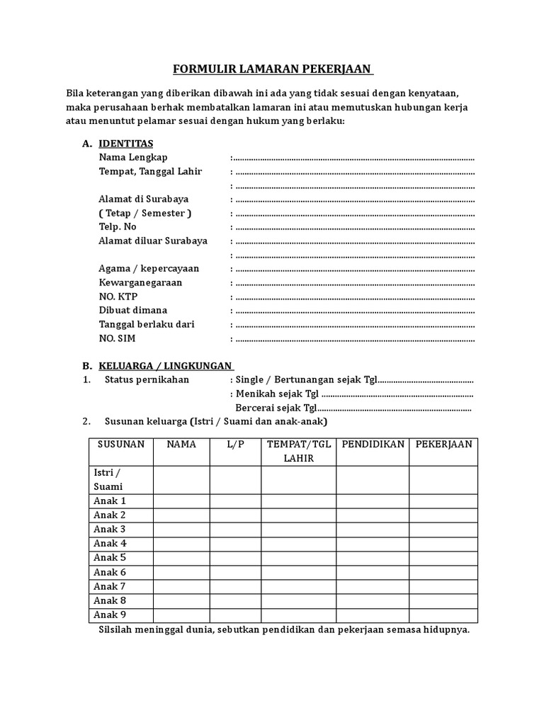 Formulir Lamaran Kerja PT Indospring Tbk | PDF | Memasak, Makanan ...