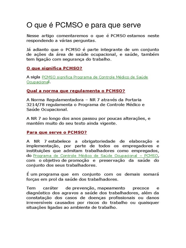 O Que É PCMSO e para Que Serve | PDF | Segurança e saúde ocupacional ...