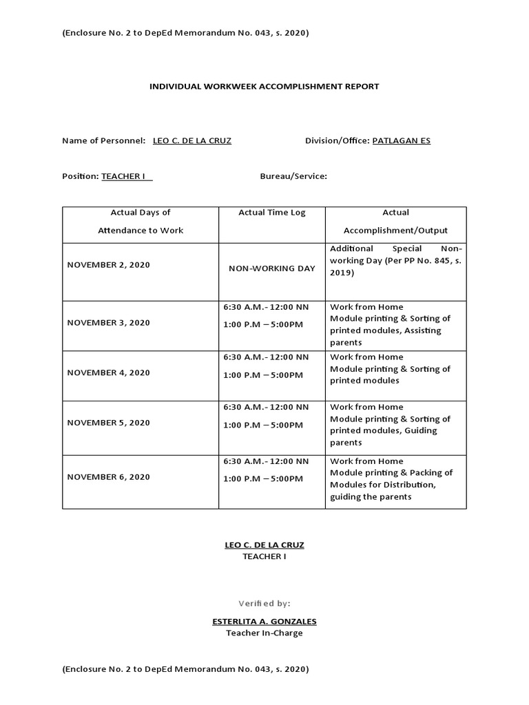 Leo Pes Individual Workweek Accomplishment Report November | PDF