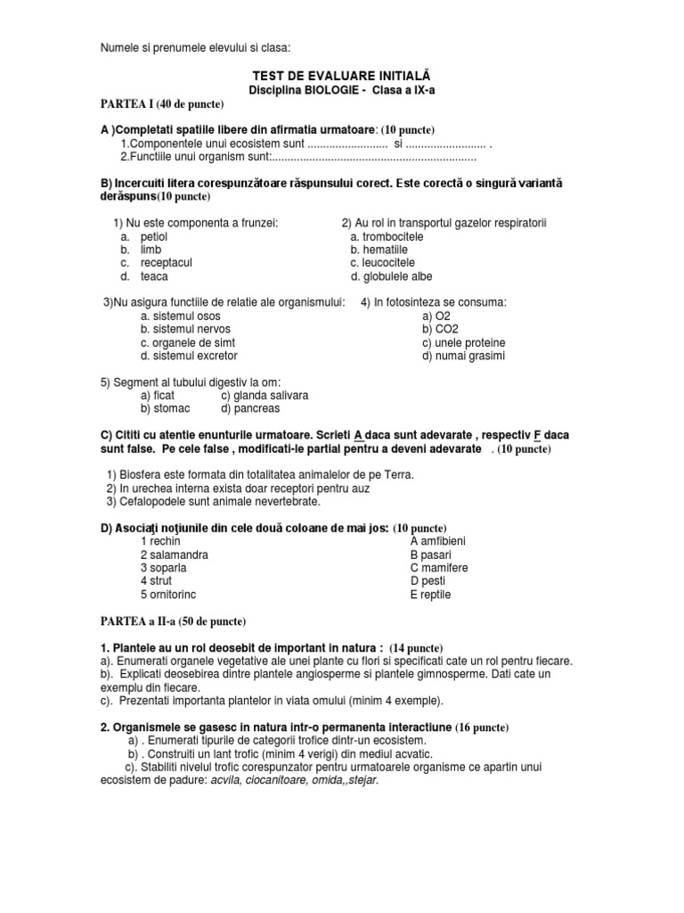 Biologie Clasa-Ix Test Initial | PDF