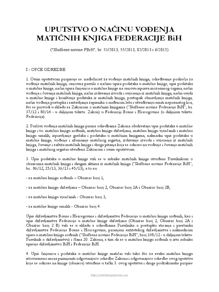 Uputstvo o Nacinu Vodjenja Maticnih Knjiga FBiH | PDF