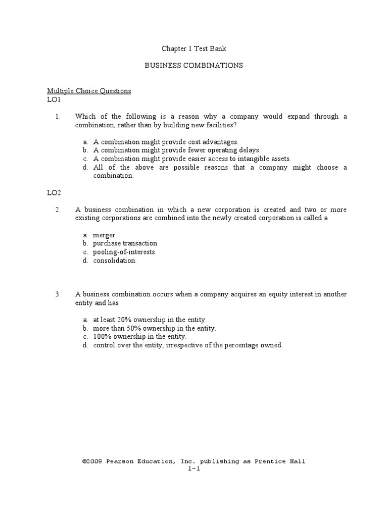 Chapter 1 Business Combination Test Bank | PDF | Finance & Money Management