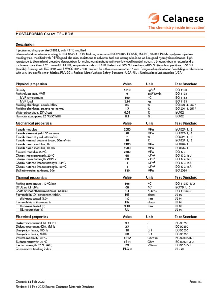 HOSTAFORM® C 9021 TF-en | PDF | Materials | Chemistry