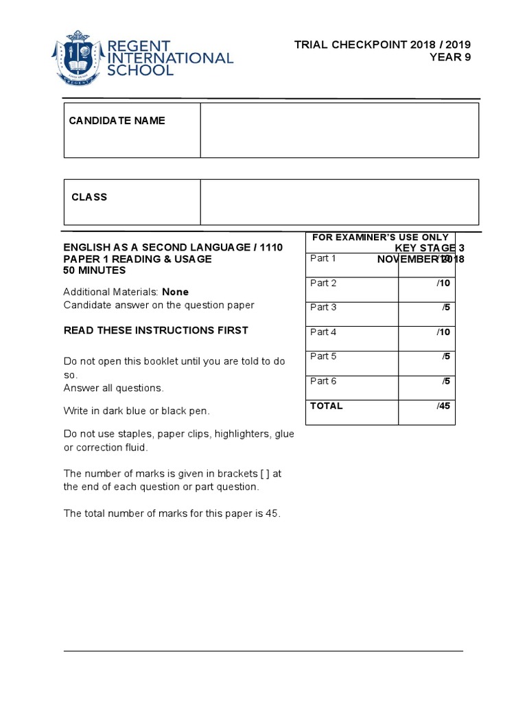 ESL - Trial - Checkpoint - Year 9 - P1 | PDF