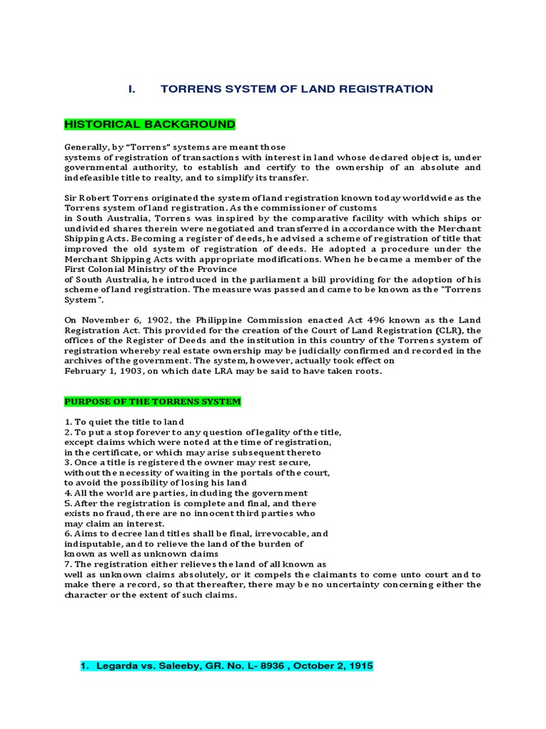 Historical Background: I. Torrens System of Land Registration | PDF ...
