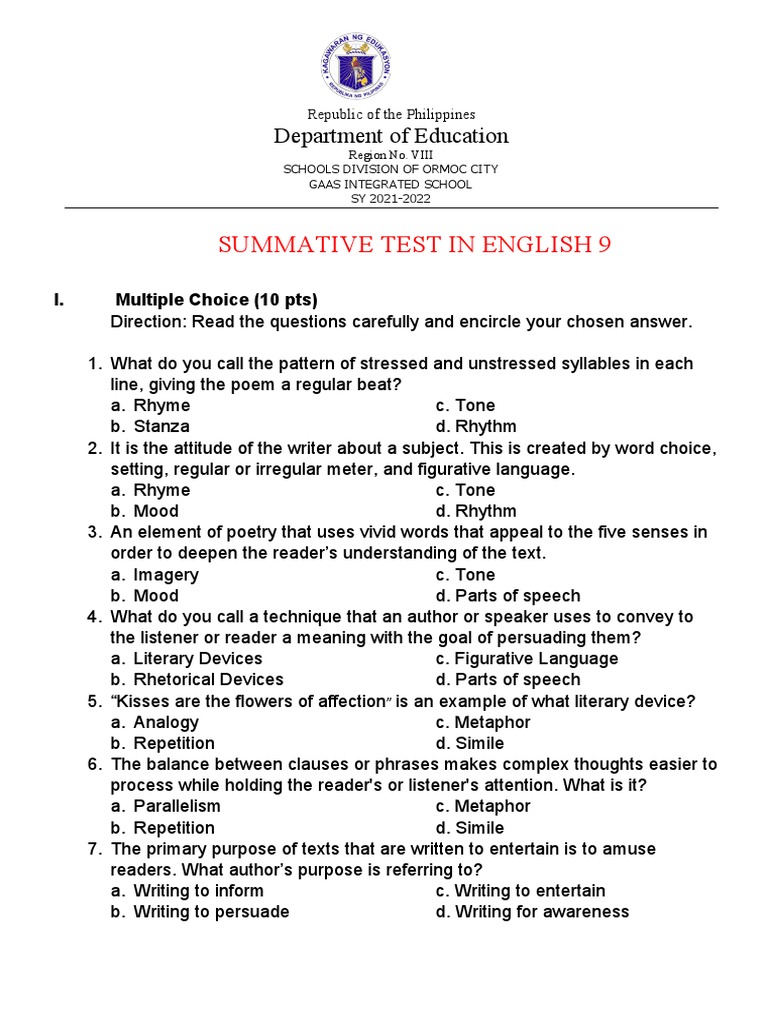 Summative Test in Grade 9 | PDF | Poetry | Linguistics