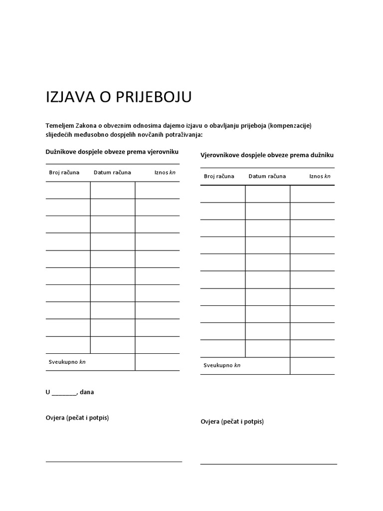 Izjava o Prijeboju Kompenzaciji | PDF