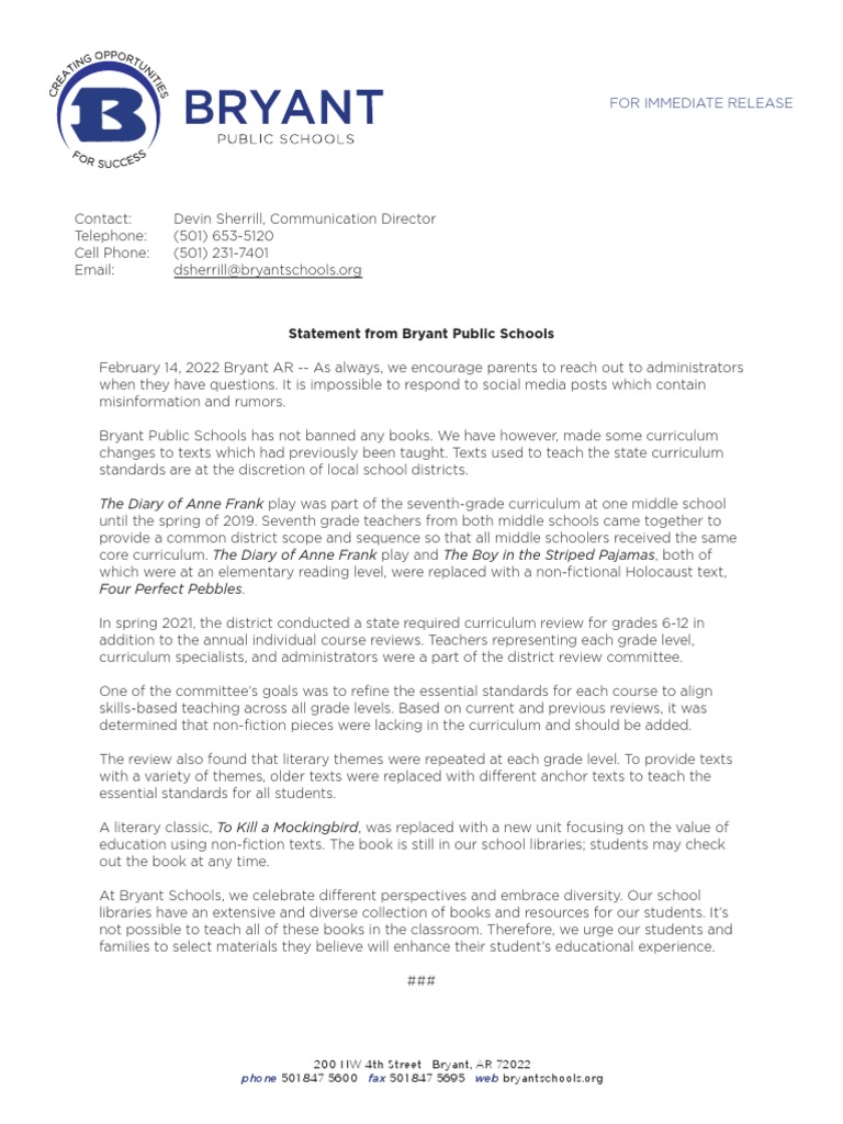Statement From Bryant Public Schools | PDF | Curriculum | Teachers