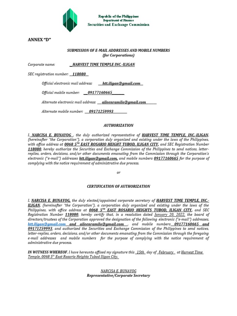 Annex "D": Securities and Exchange Commission | PDF | U.S. Securities ...