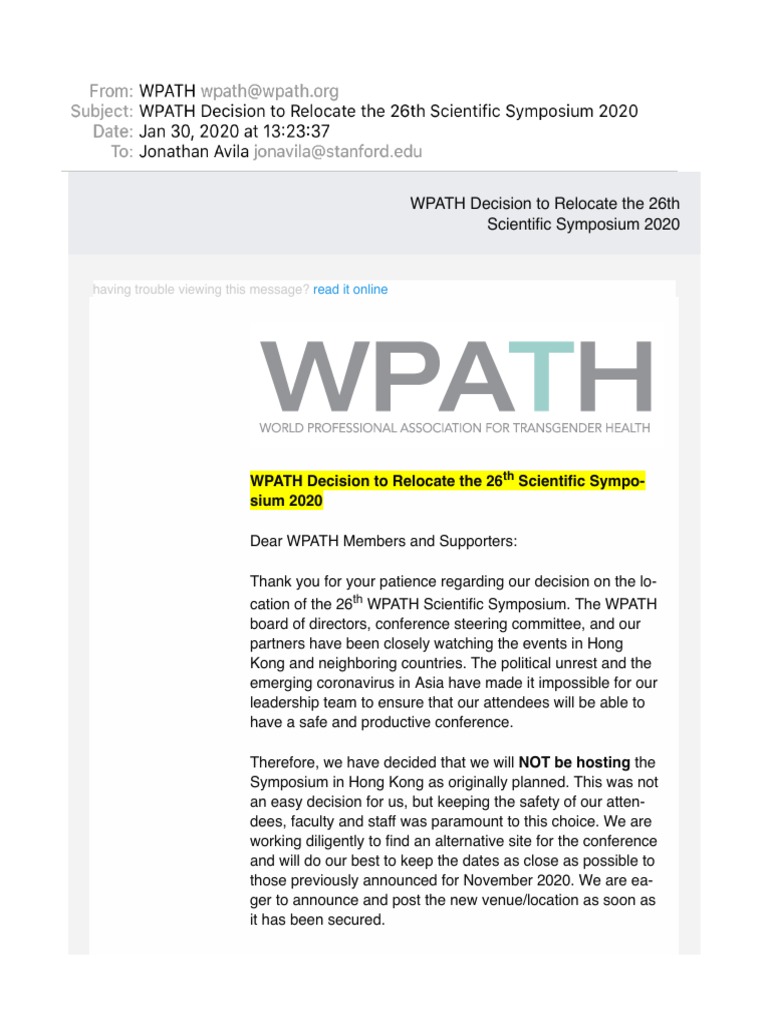 WPATH Decision To Relocate The 26th Scientific Symposium 2020 | PDF ...