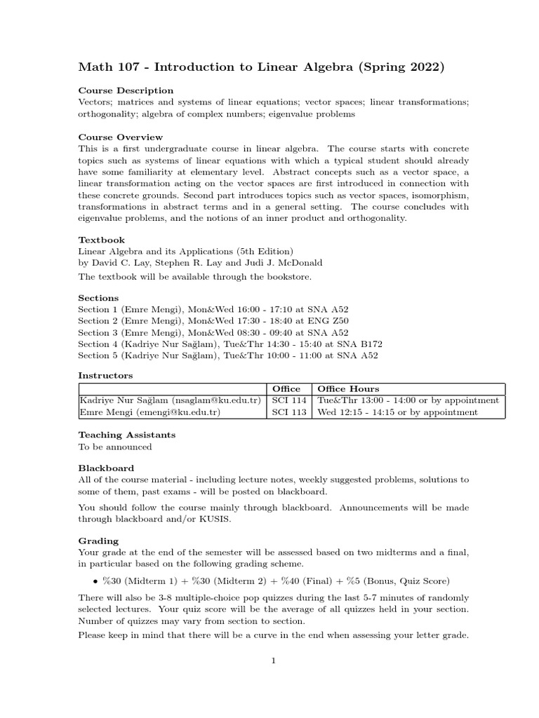 Math 107-S22 Syllabus | PDF | Matrix (Mathematics) | Eigenvalues And ...