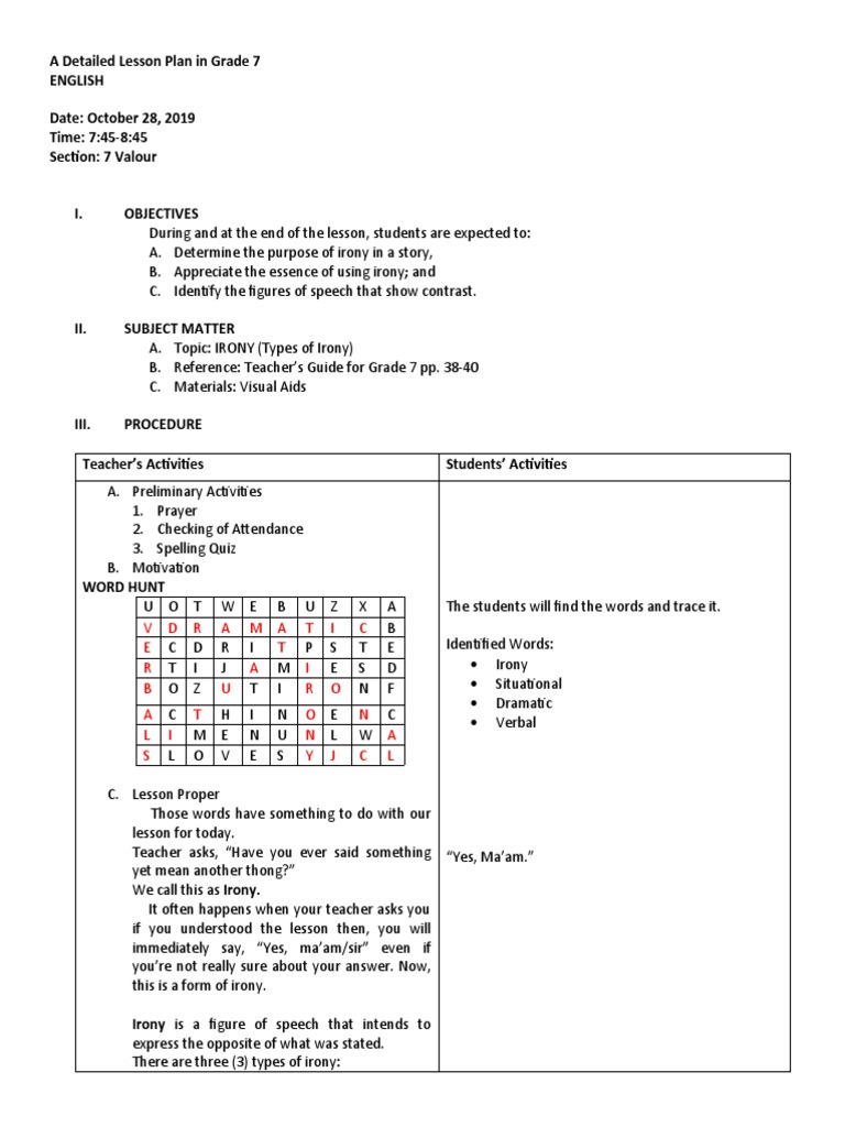 A Detailed Lesson Plan in Grade 7 2019 | PDF | Irony | Linguistics