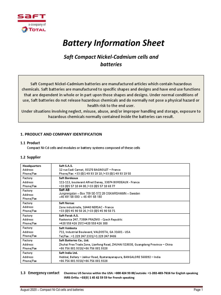 Battery Information Sheet: Saft Compact Nickel-Cadmium Cells and ...