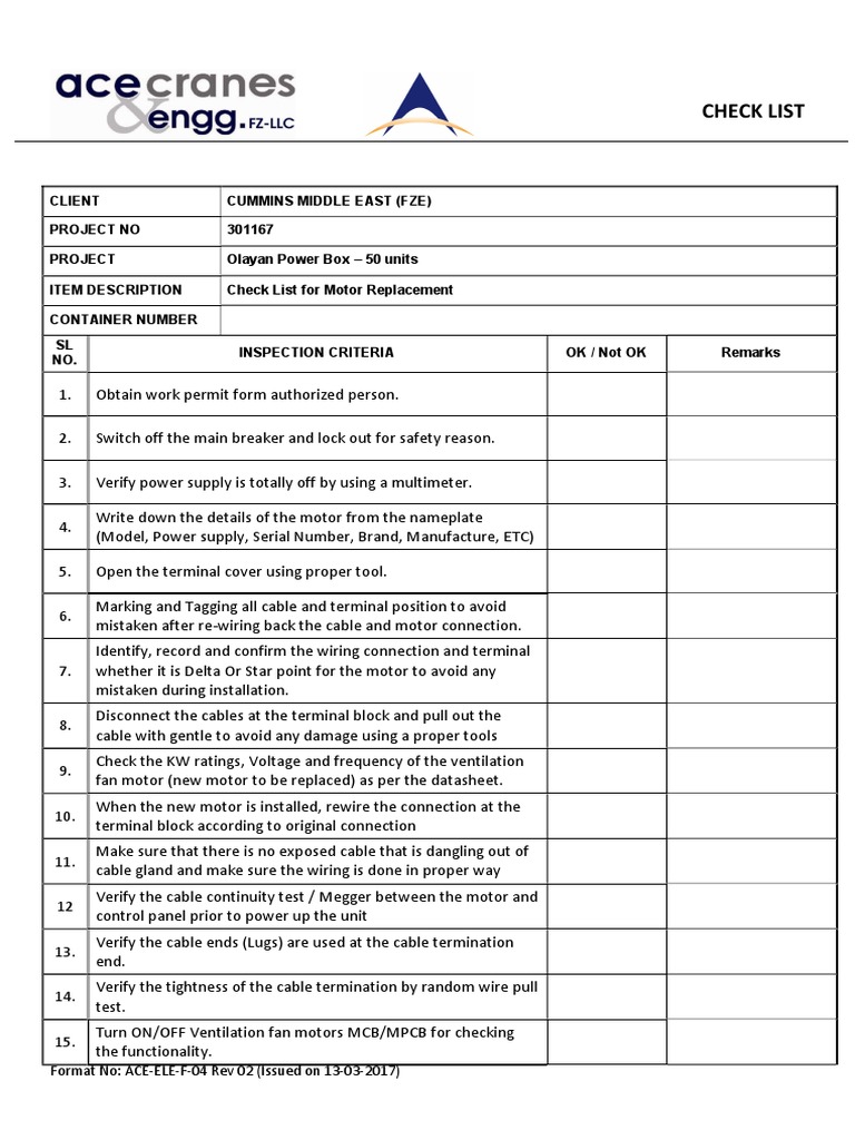 Check List - Motor Replacement - Updated | PDF | Power Supply ...