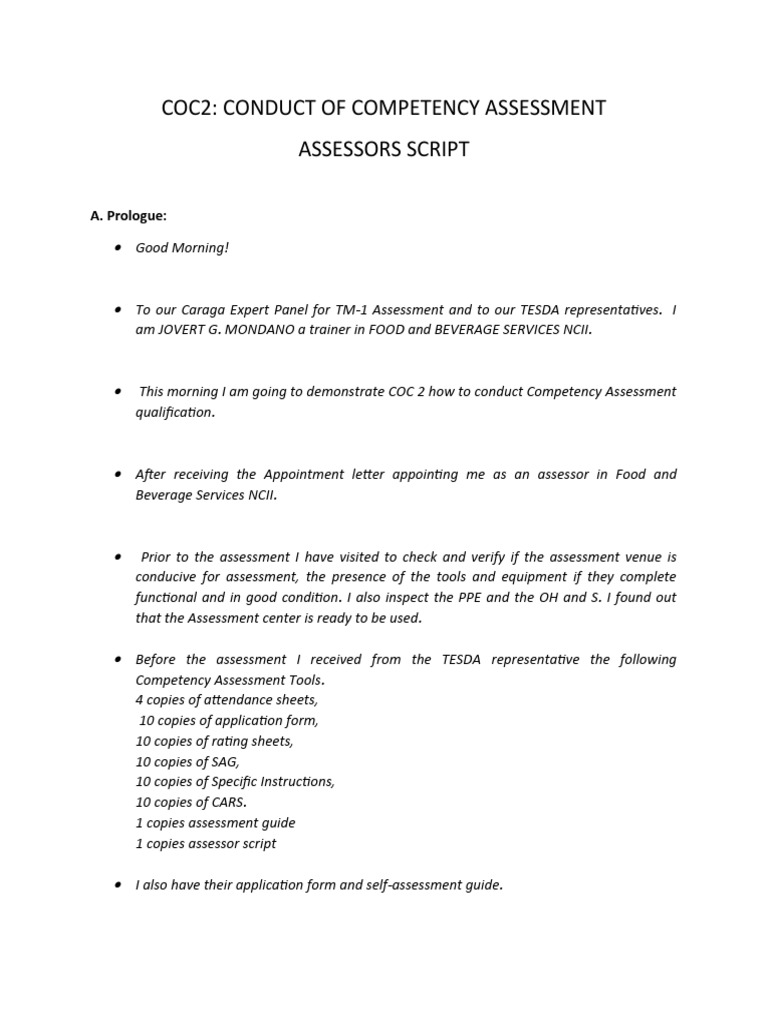 Coc2: Conduct of Competency Assessment Assessors Script: A. Prologue | PDF
