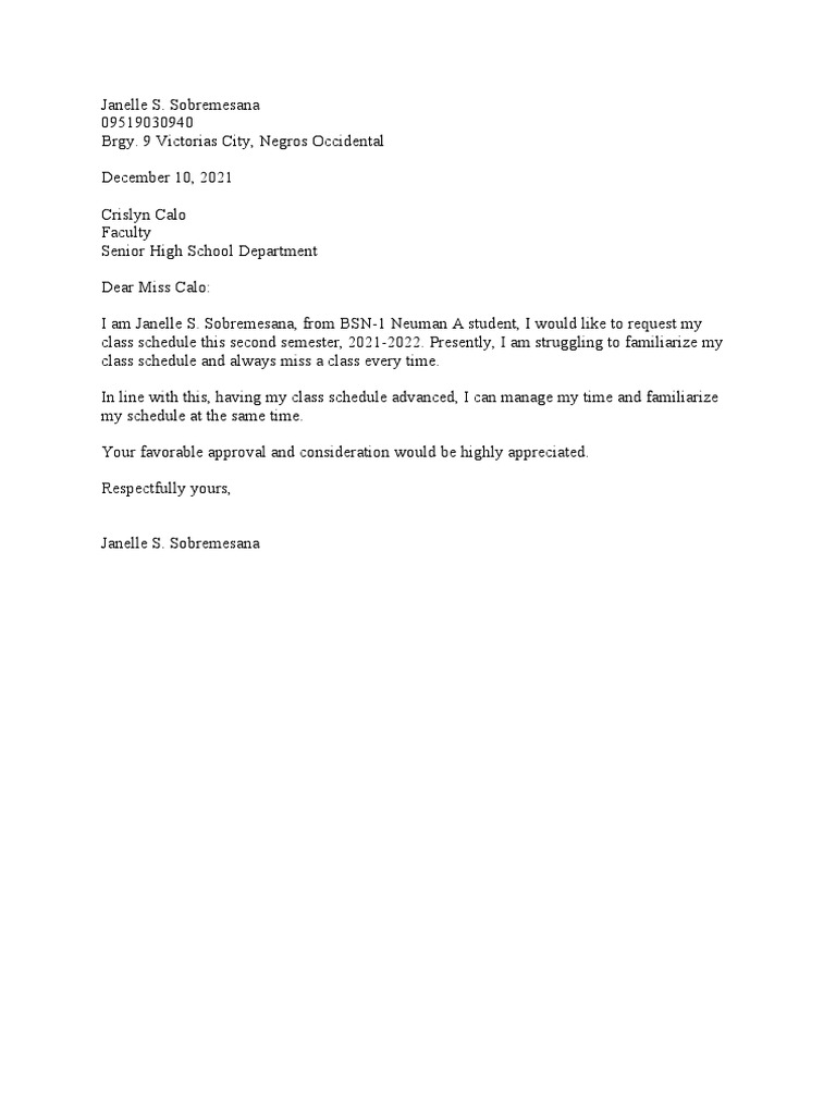 Request Letter On Class Schedule | PDF