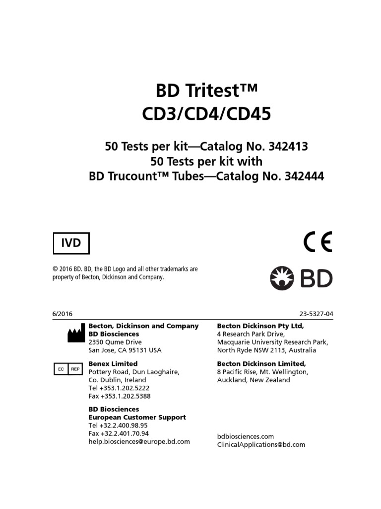 BD Tritest™ CD3/CD4/CD45: 50 Tests Per Kit-Catalog No. 342413 50 Tests ...