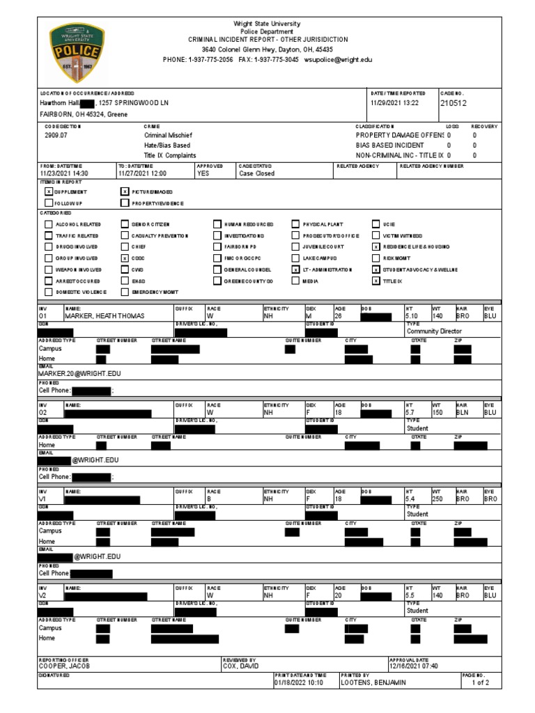 Wright State Police Report For Vandalism | PDF | Crime & Violence | Crimes