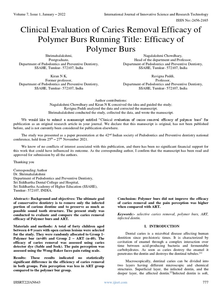 Clinical Evaluation of Caries Removal Efficacy of Polymer Burs Running ...