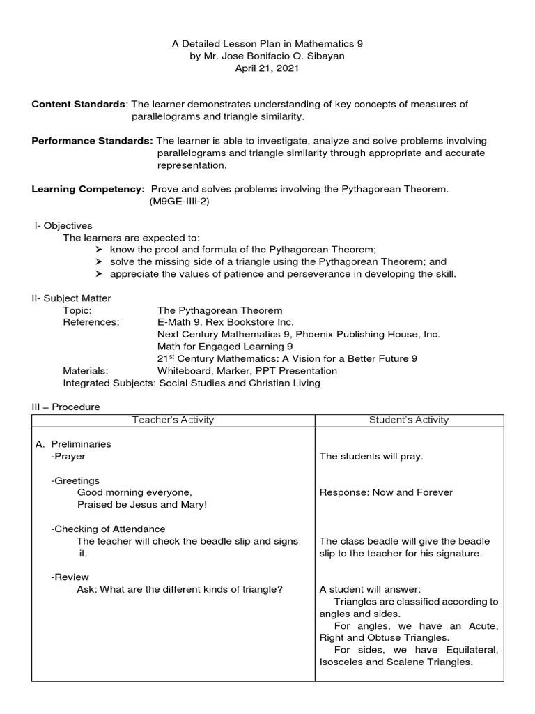 Grade 9 Pythagorean Theorem Lesson Plan | PDF | Elementary Geometry