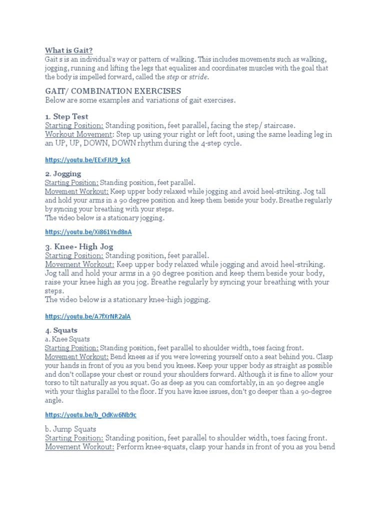 Gait/ Combination Exercises 1. Step Test | PDF | Foot | Walking