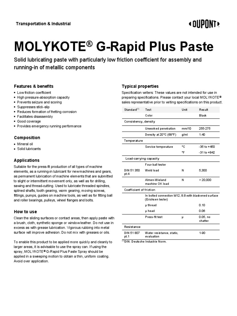 MOLYKOTE G-Rapid Plus Paste 71-0084F-01 | PDF | Lubricant | Screw