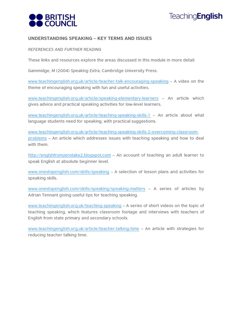 Understanding Speaking - Key Terms and Issues - References | PDF