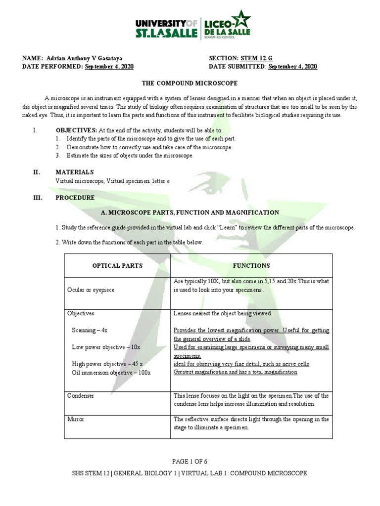 Biology Lab Activity 1 | PDF | Microscope | Optics