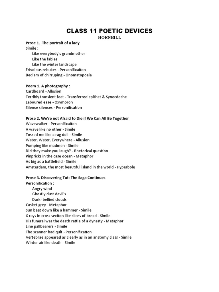 Class 11 Poetic Devices: Hornbill Prose 1. The Portrait of A Lady | PDF ...