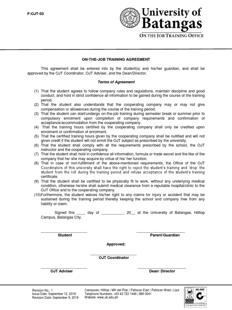 F-OJT-03 OJT Training Agreement (Revised) | PDF
