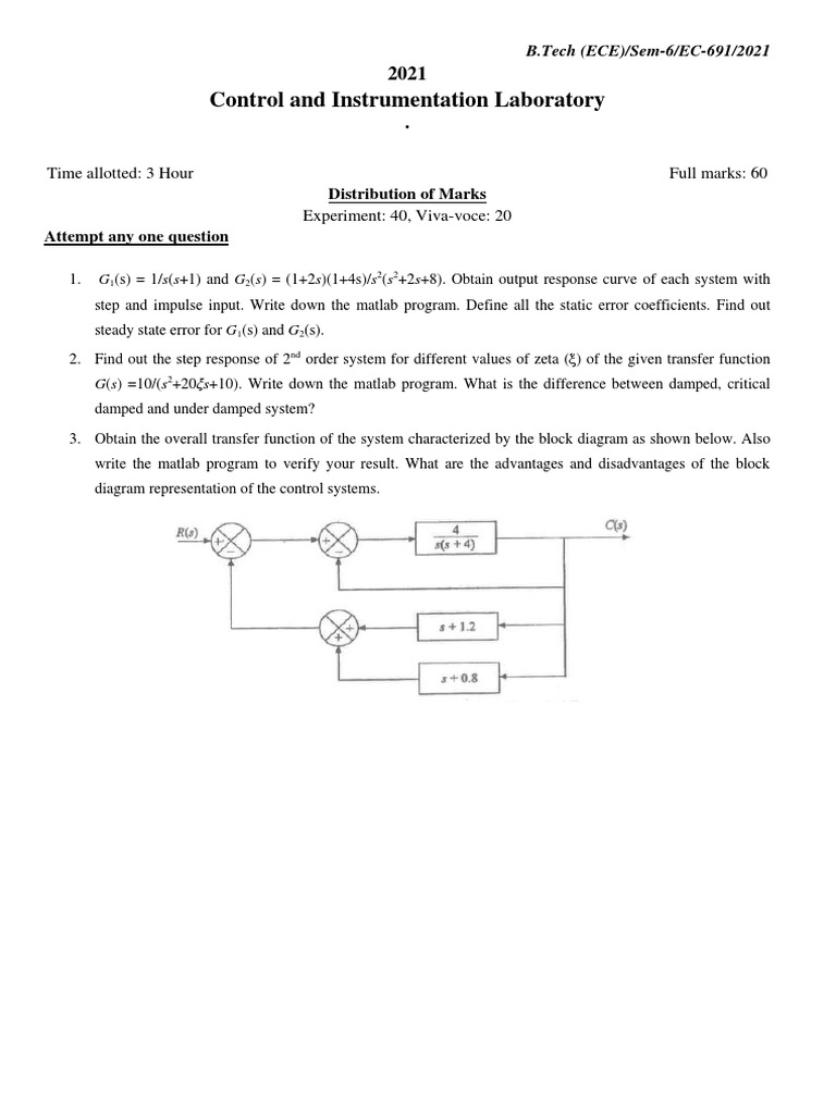 Control and Instrumentation Lab Exam 2021 | PDF