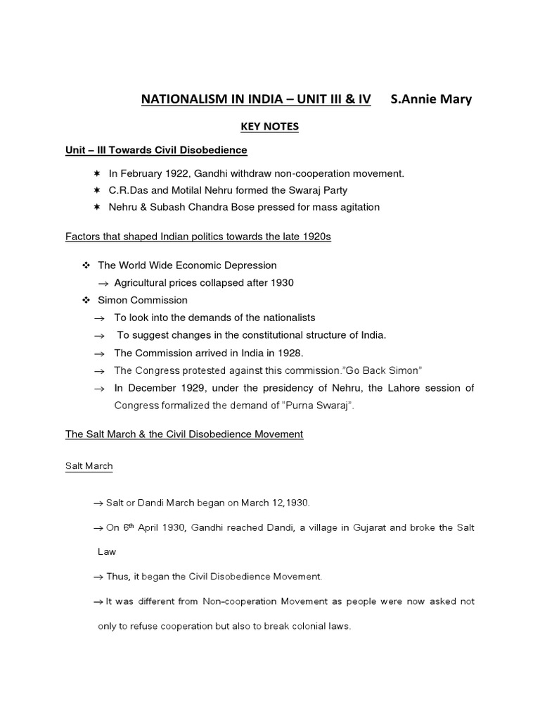 Nationalism in India - Unit Iii & Iv S.Annie Mary: Key Notes | PDF ...