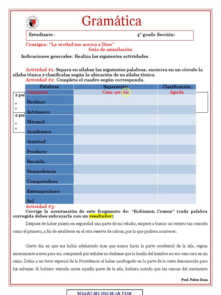 Actividad Reglas de Acentuación 4 Grado | PDF | Robinson Crusoe ...