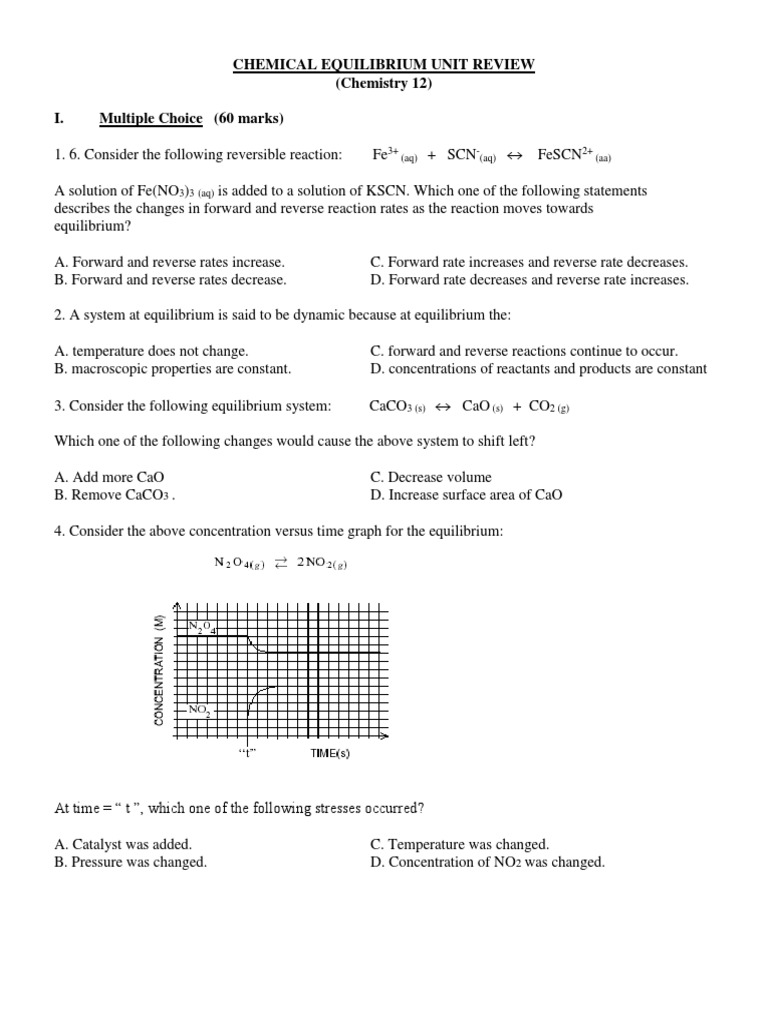 Chemical Equilibrium Unit Review (Chemistry 12) I. Multiple Choice (60 ...