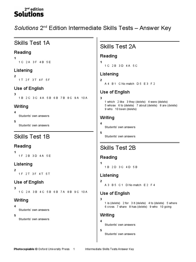 Intermediate Skills Tests Answer Key | PDF