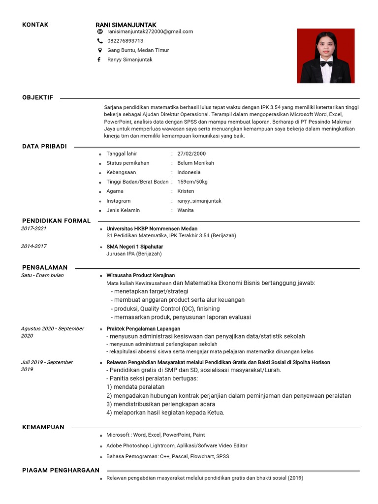 CV Lamaran Rani Simanjuntak | PDF
