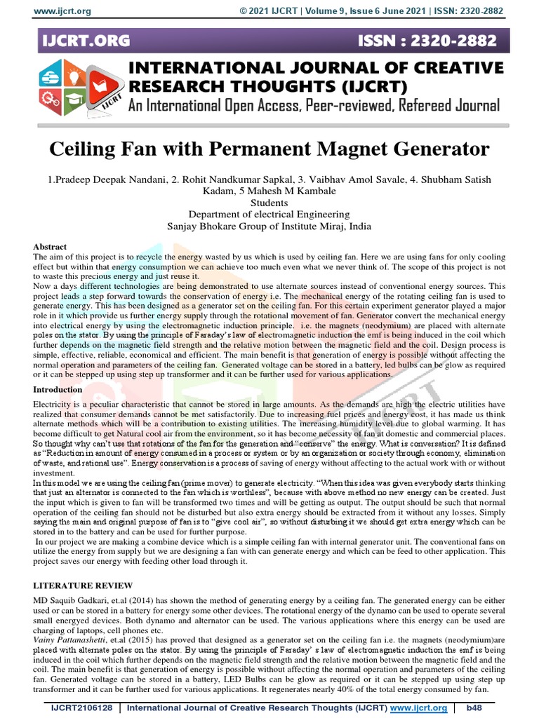 Ceiling Fan With Permanent Magnet Generator: IJCRT2106128 International ...