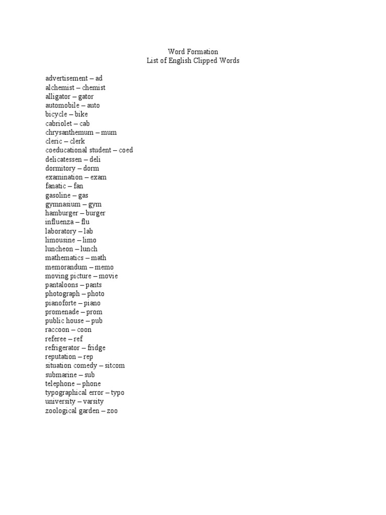 English Clipped Words | PDF | Restaurant And Catering