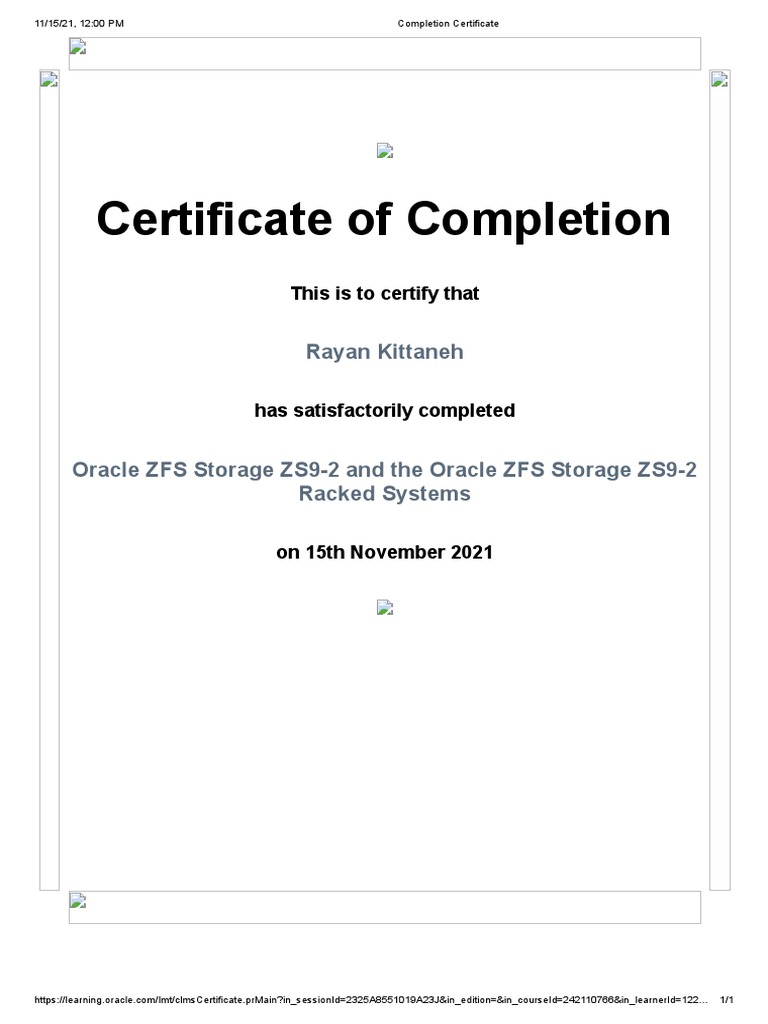 Oracle ZFS Storage ZS9-2 Completion Certificate | PDF | Computers
