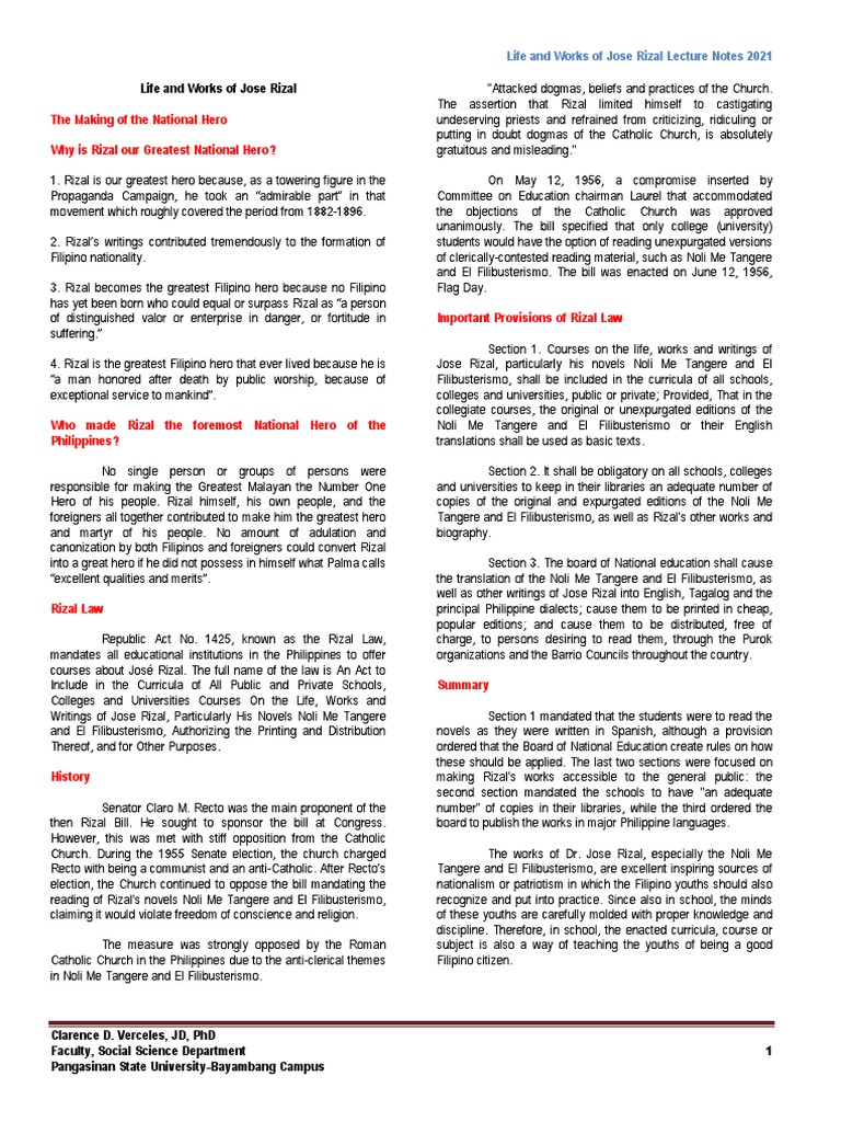 Life and Works of Jose Rizal Lecture Notes 2021 | PDF