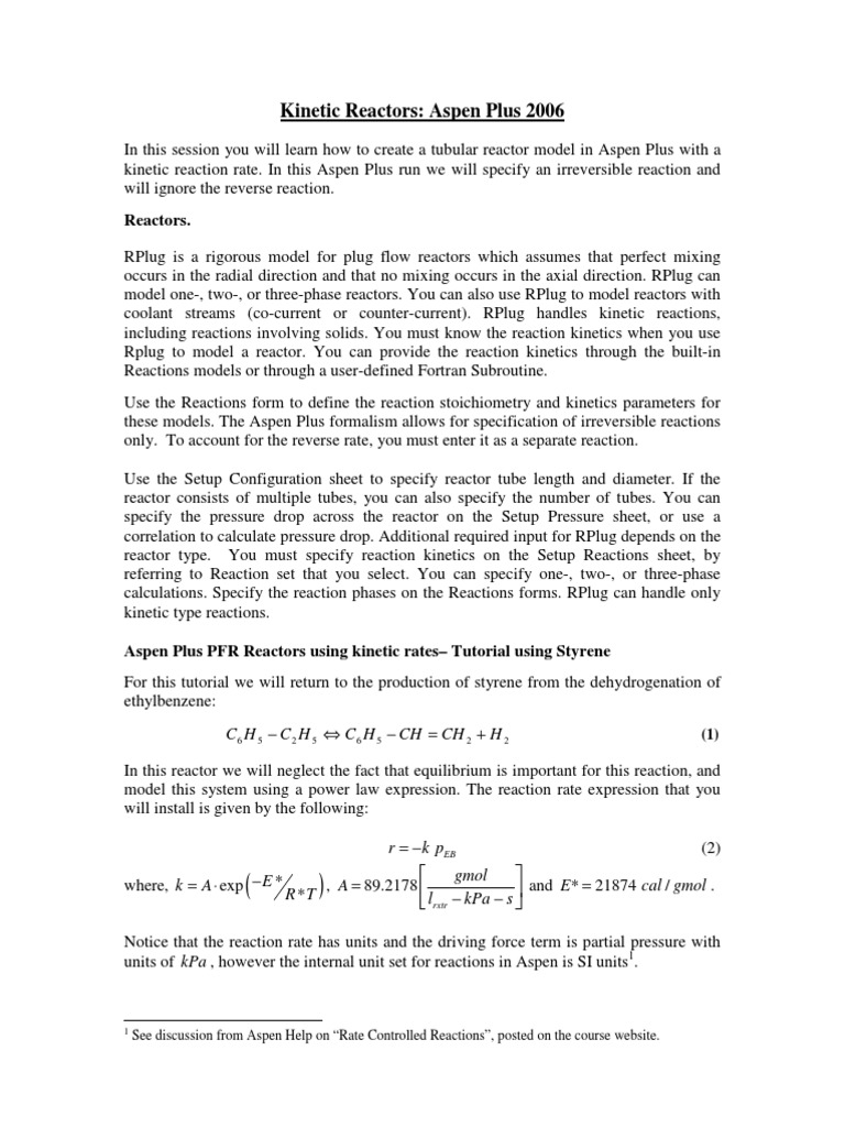 Modeling an Isothermal Plug Flow Reactor with Kinetic Reactions in Aspen Plus | PDF | Chemical ...