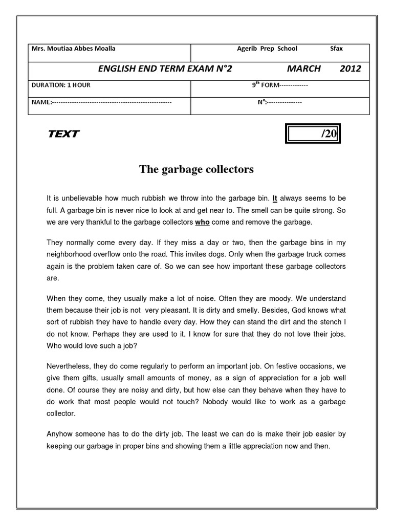 Devoir de Synthèse N°2 - Anglais - 9ème (2011-2012) Mme Moutiaa Abbes ...