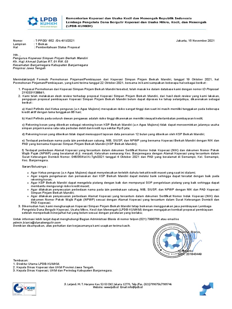 652-SK - Surat Penolakan DR KSP Berkah Mandiri - CMFS | PDF ...