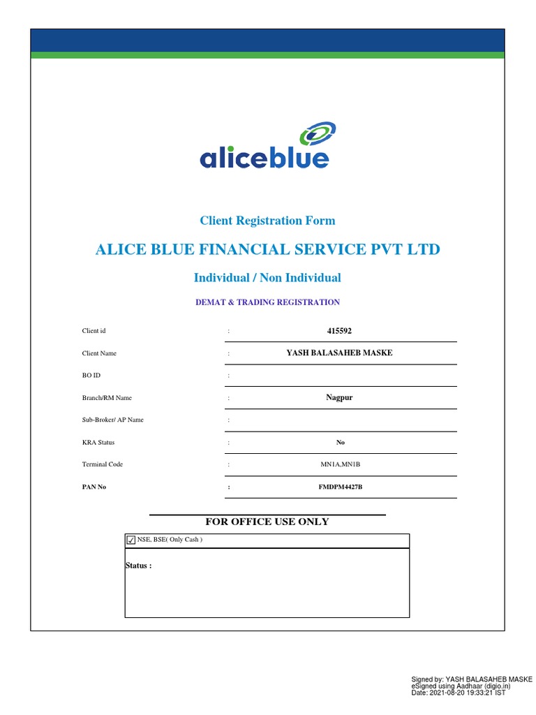 Client Registration for Alice Blue Services | PDF | Identity Document ...