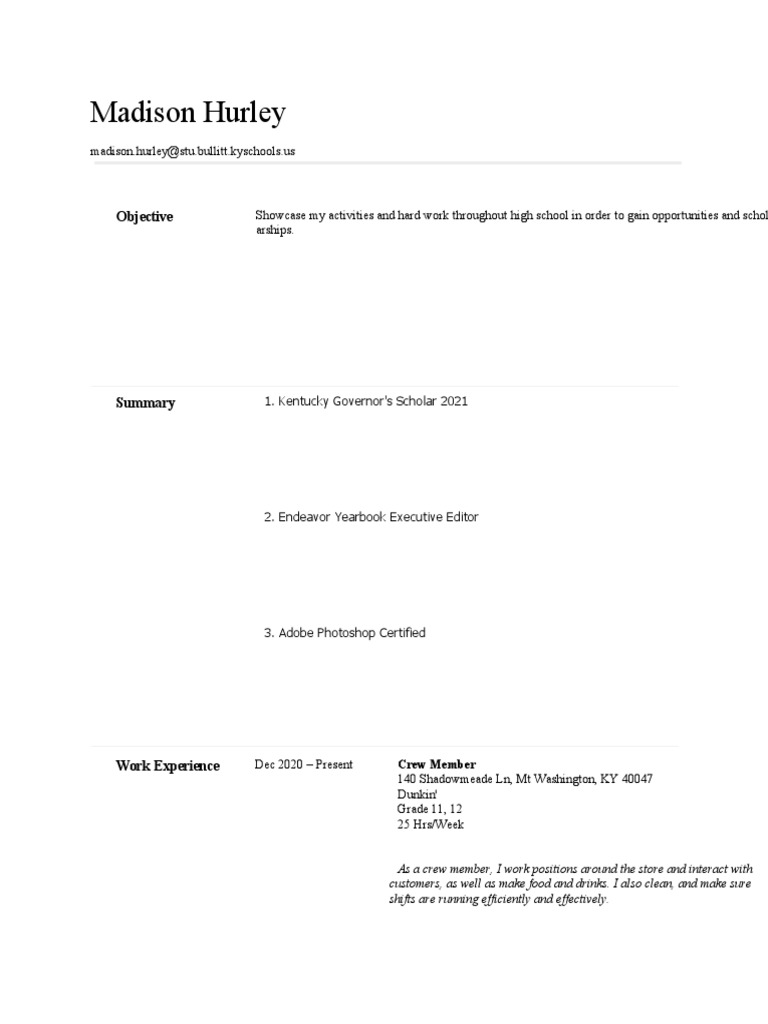 Maddie Hurley Resume | Descargar gratis PDF | Students