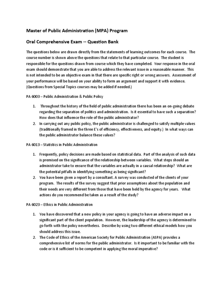 Master of Public Administration (MPA) Program Oral Comprehensive Exam ...