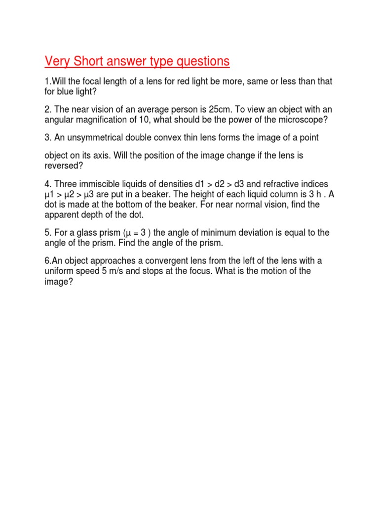 Optical Physics: Short Answer Questions | PDF