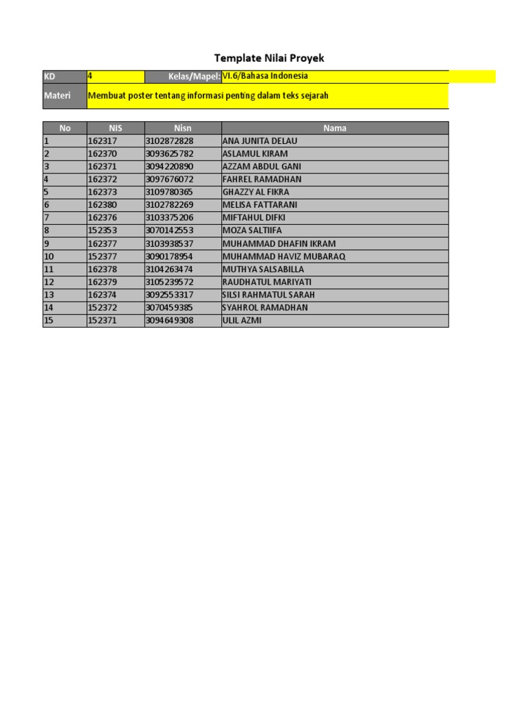 Template Nilai Proyek-VI.6-Bahasa Indonesia | PDF
